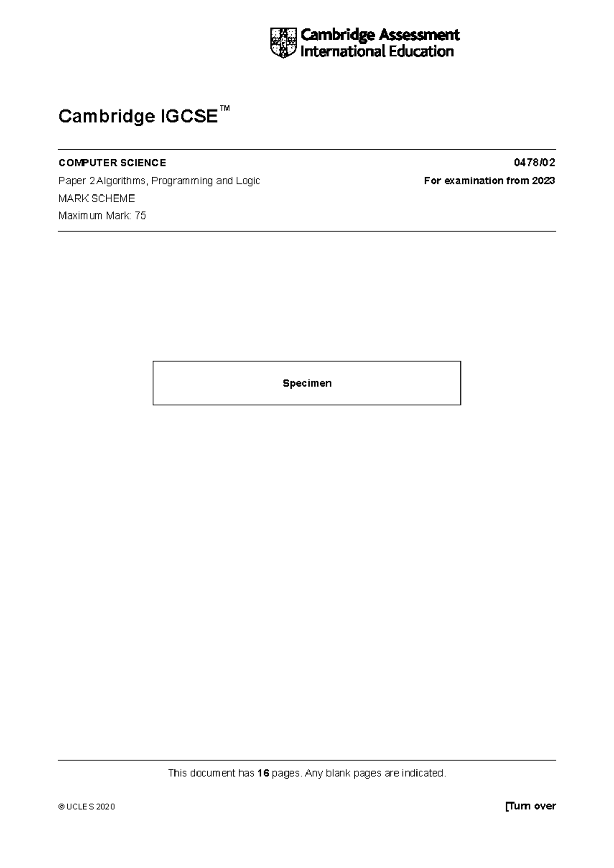 Cambridge IGCSE Computer Science 0478/2023 Specimen Paper 2a Mark ...