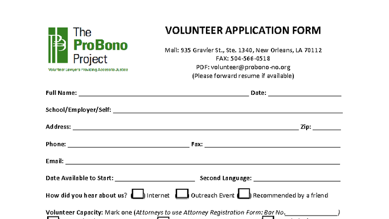 Volunteer Application Form - Fillable Template for Pro Bono Project ...