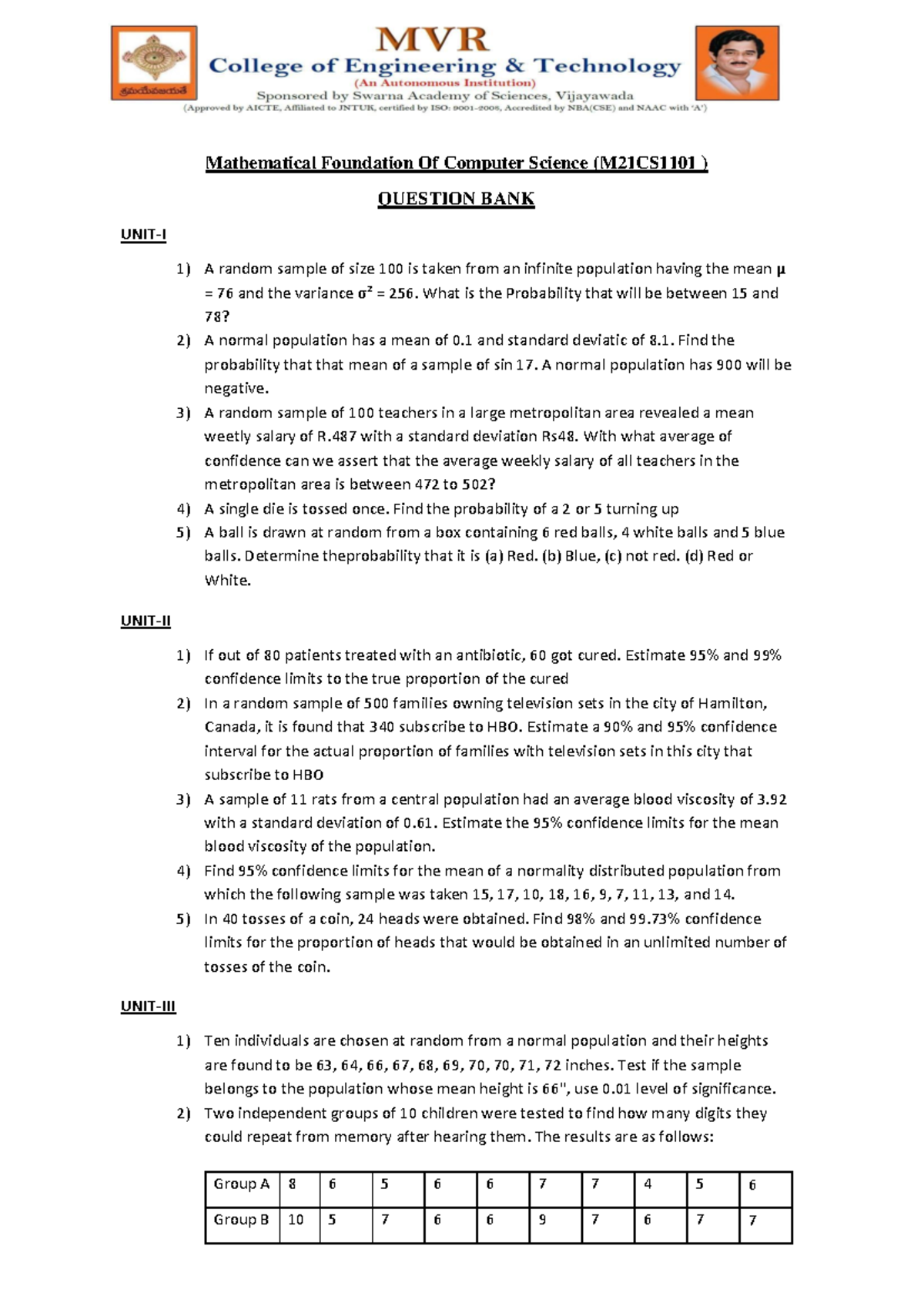 Mathematical Foundations & Data Structures Question Bank (M21CS1101 ...