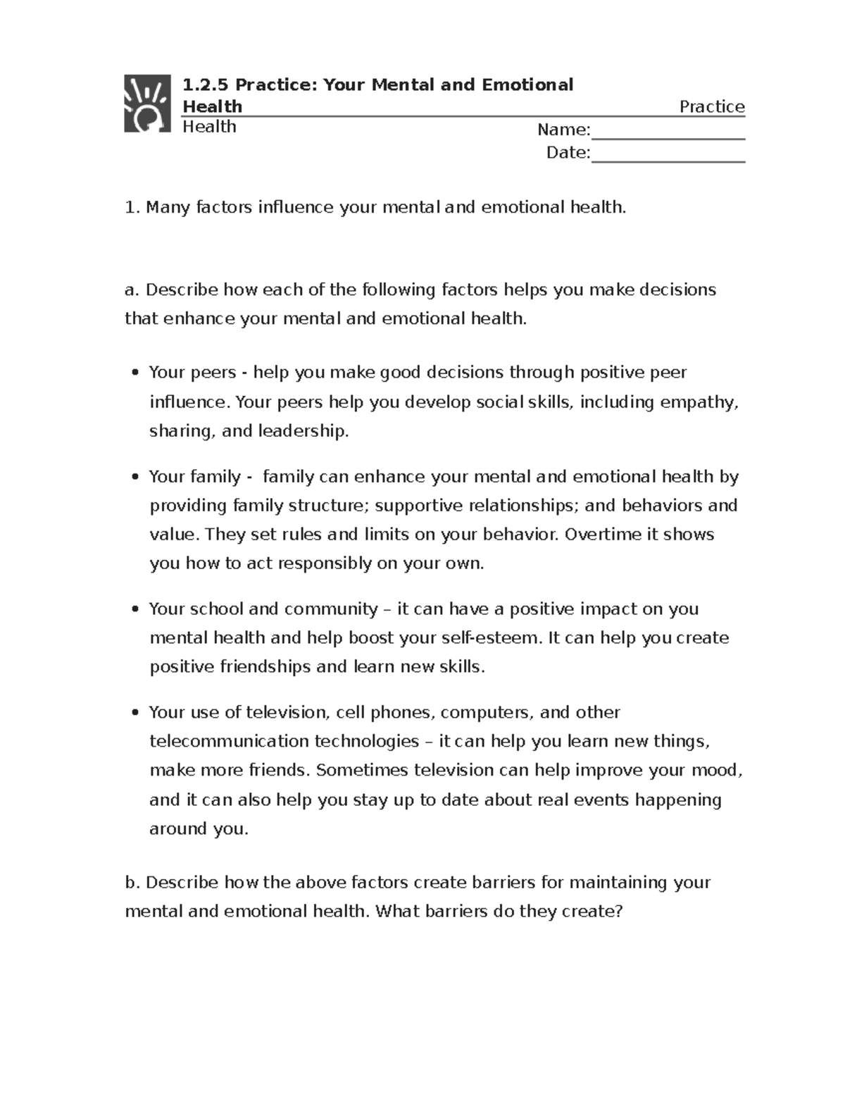 1.2.5 Practice - Enhancing Mental & Emotional Health Strategies - Studocu