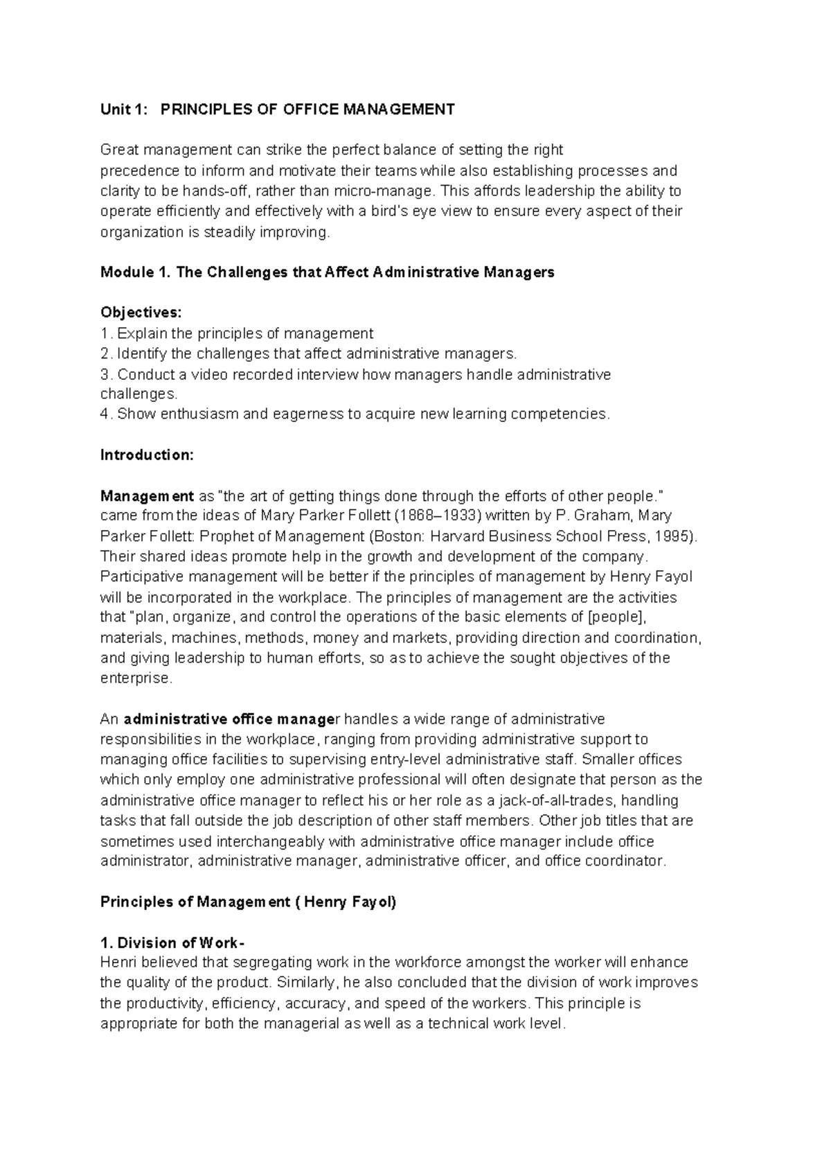 Introduction to Office Management - Unit 1: PRINCIPLES OF OFFICE ...