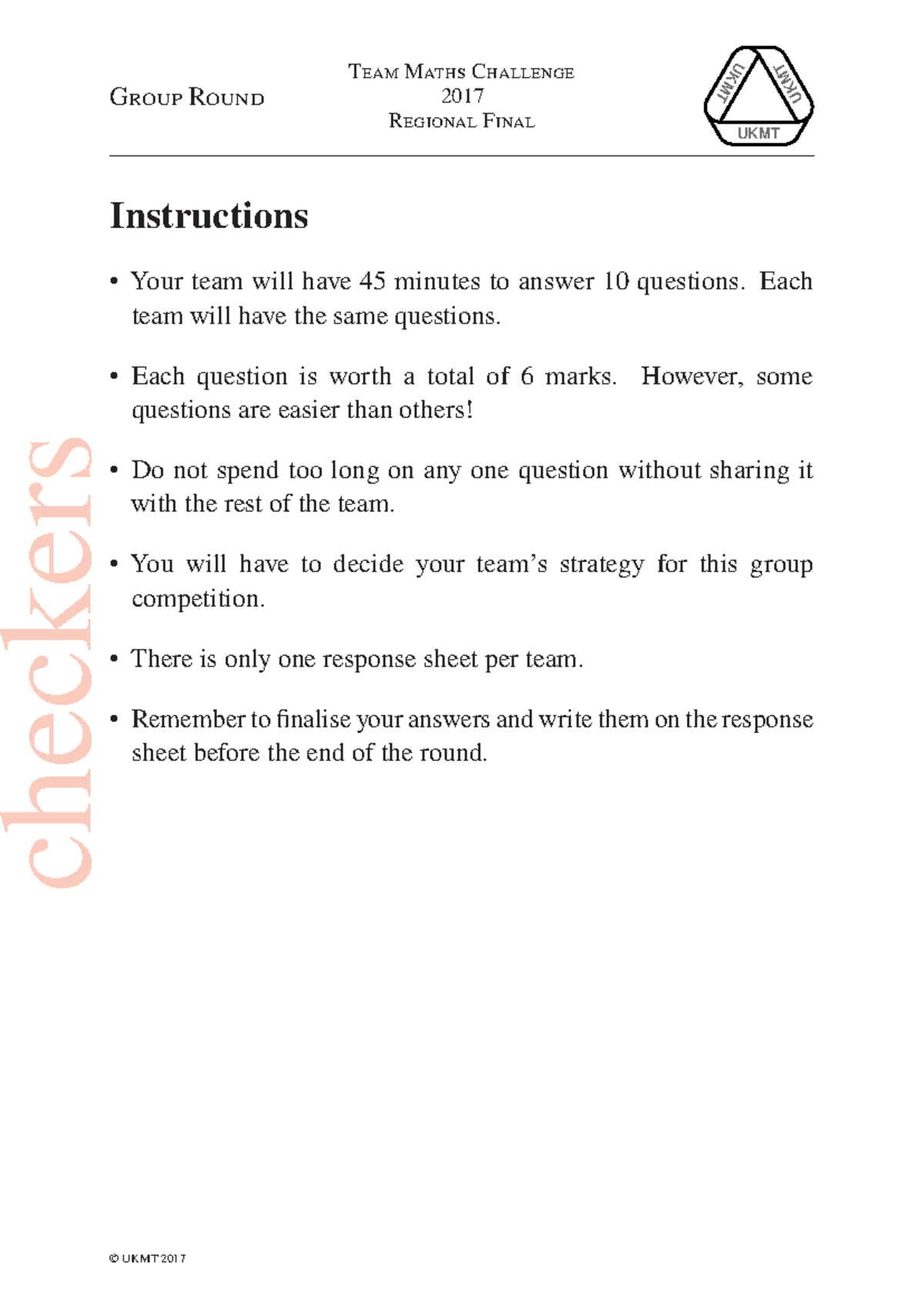 TMC 2017 Regional Finals Group - checkers Group Round Team Maths ...