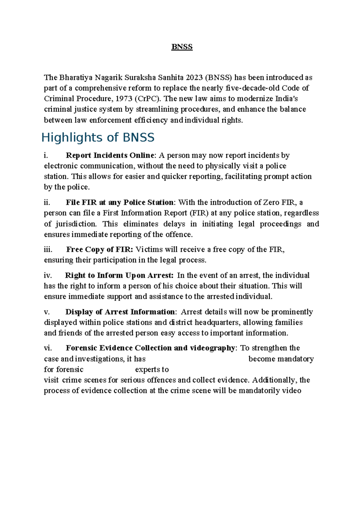 BNSS Notes - BNSS The Bharatiya Nagarik Suraksha Sanhita 2023 (BNSS ...