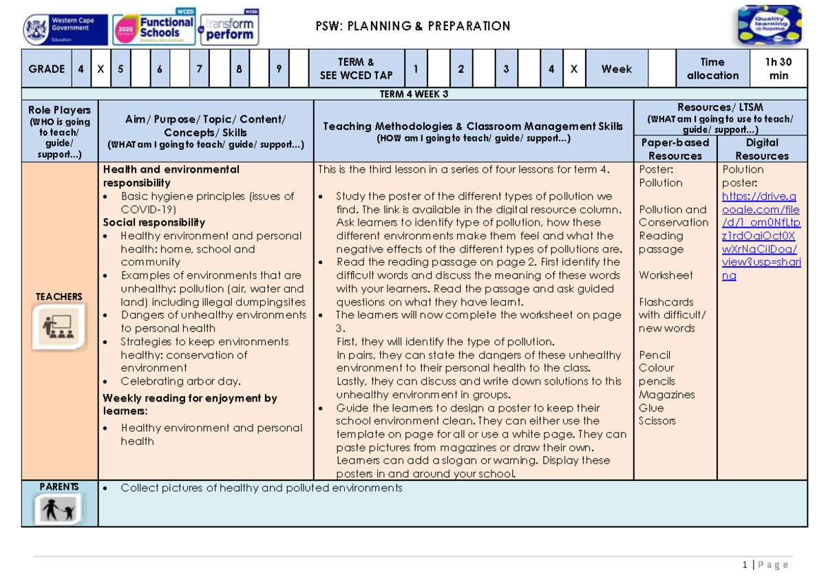 Lesson Plan Gr. 4 Life Skills PSW Term 4 Week 4 - PSW: PLANNING & PREPARATION GRADE 4 X 5 6 7 8 ...