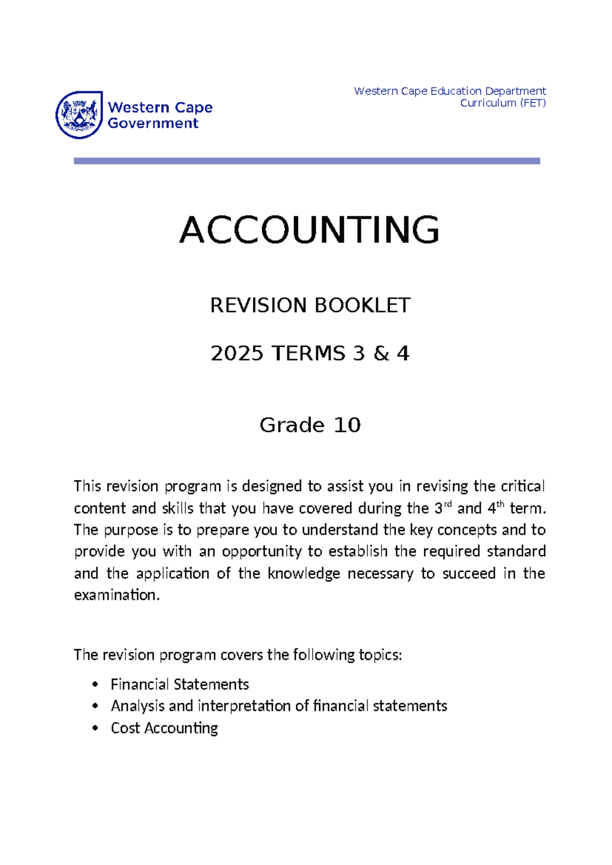 Gr 10 Accounting (FET) Revision Booklet 2025: Terms 3 & 4 - Studocu