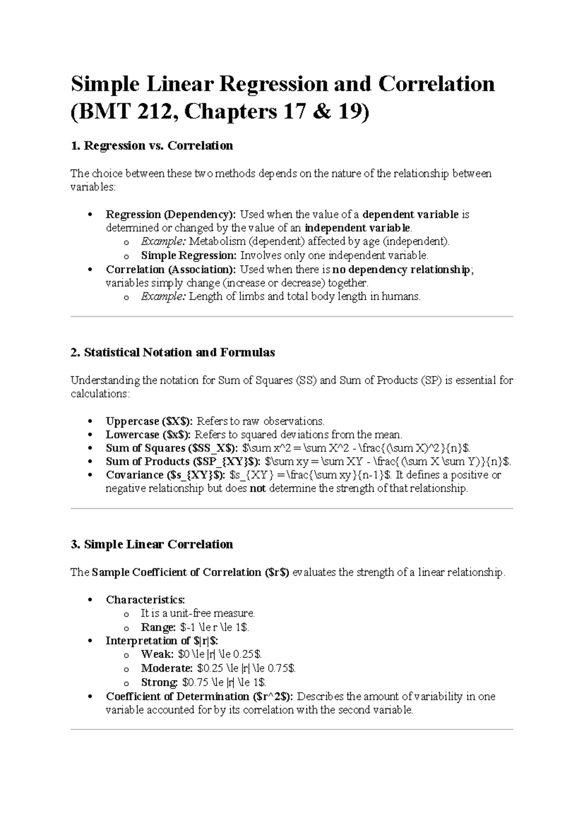 Simple Linear Regression & Correlation Notes (BMT 212, Ch. 17-19) - Studocu