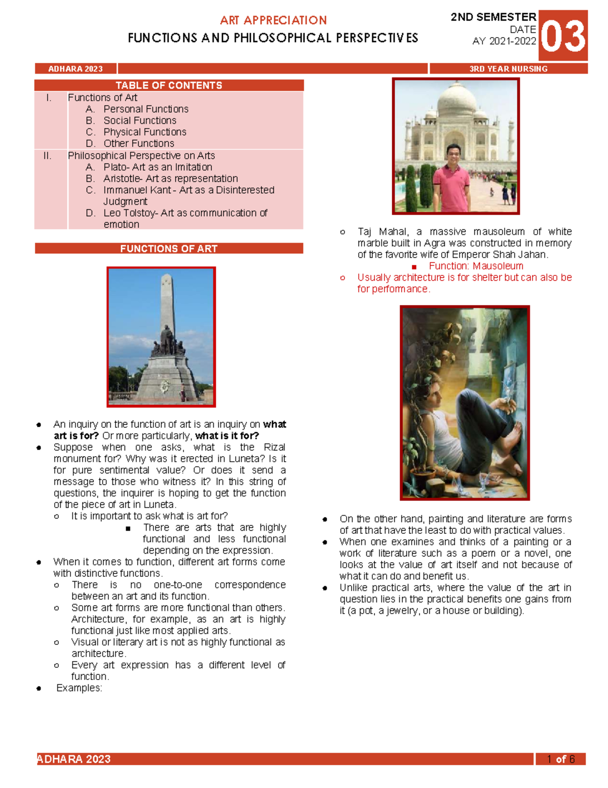 ART APPRECIATION 2ND SEMESTER: FUNCTIONS & PHILOSOPHICAL PERSPECTIVES ...