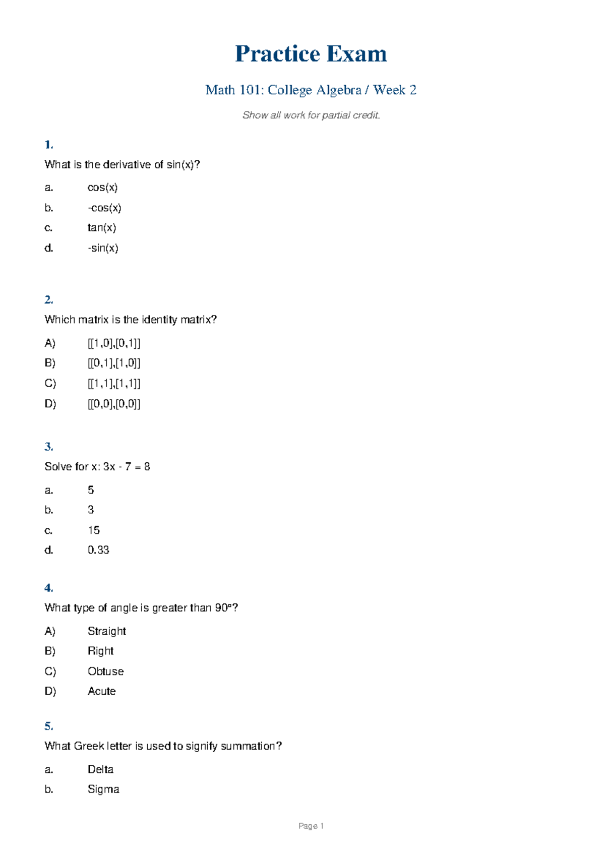 Practice Exam Math 101: College Algebra Week 2 Review - Studocu