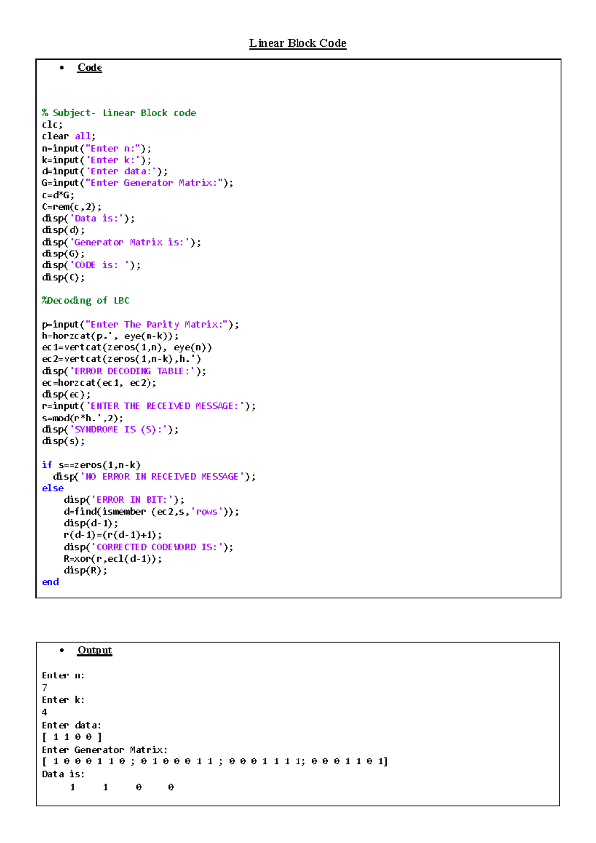 Linear block code - Linear Block Code • Code % Name- Sakshi Bhamare ...