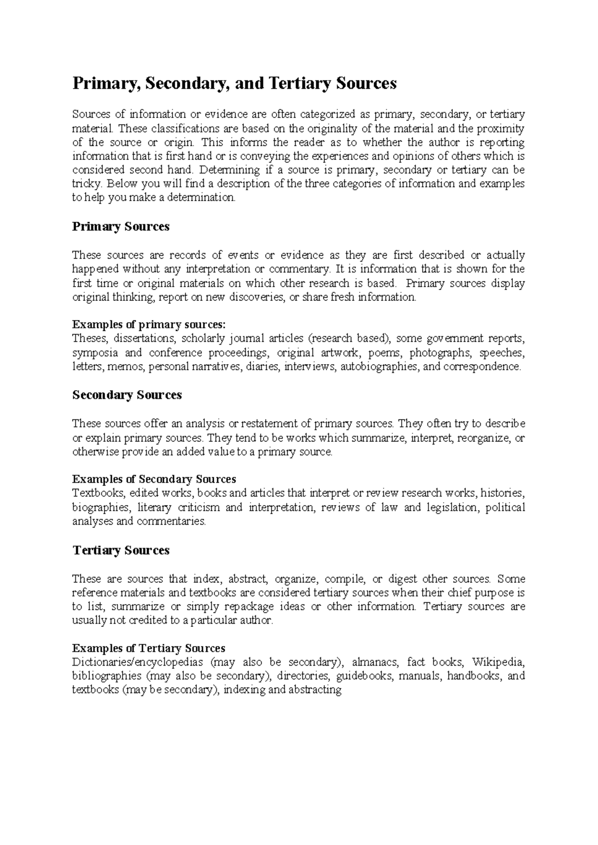 Understanding Primary, Secondary, and Tertiary Sources of Info - Studocu