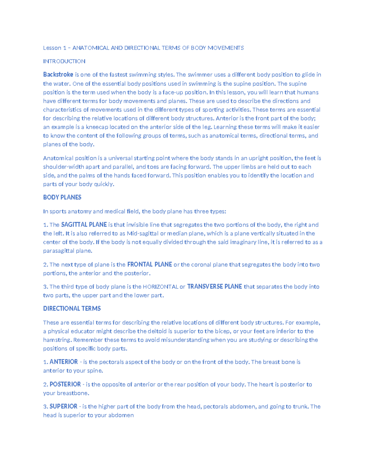PE 101: Lesson 1 - Anatomical & Directional Terms of Body Movements ...