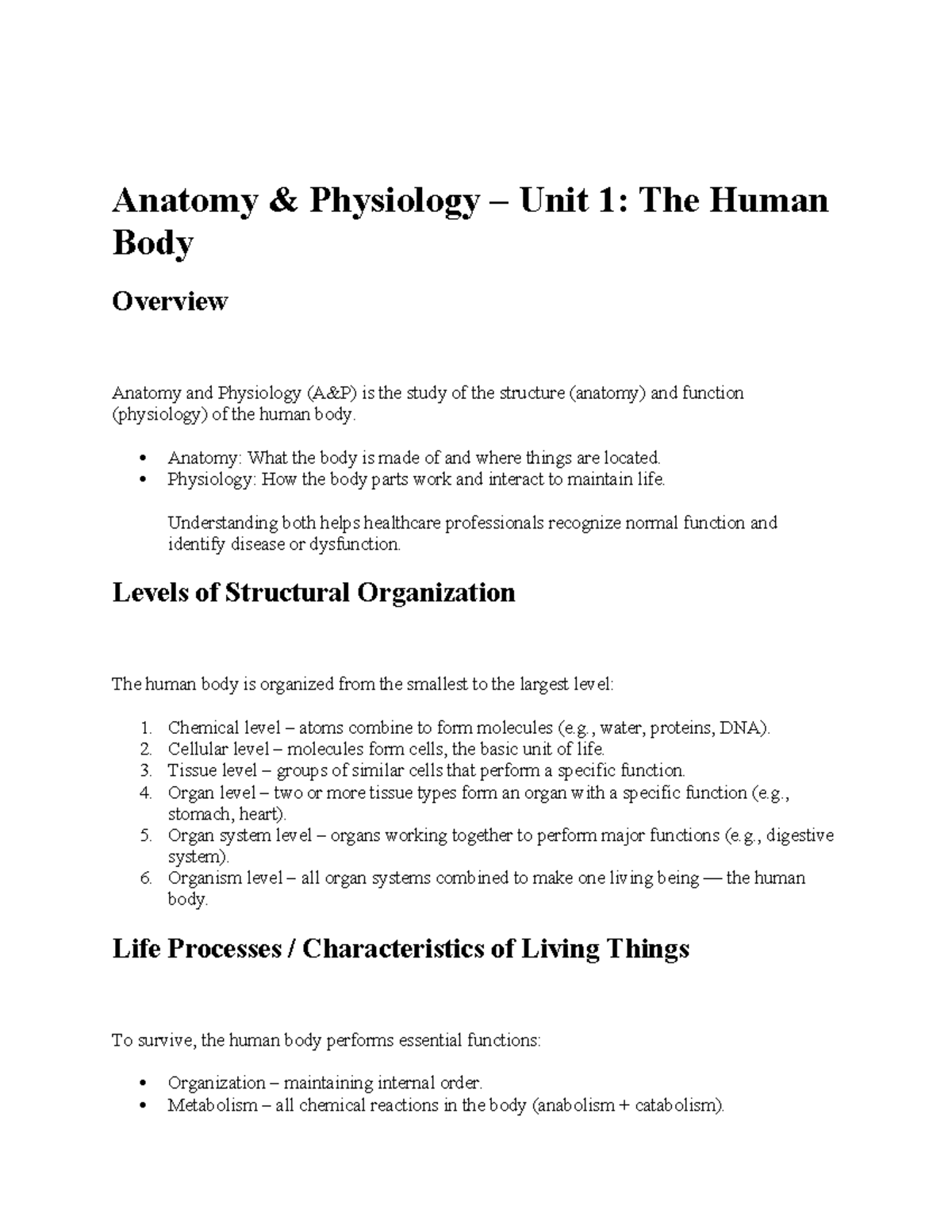 Anatomy & Physiology Unit 1: Overview of the Human Body - Studocu