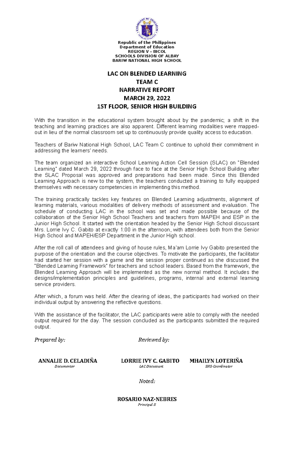 LAC Documentation - The document is a sample of Accomplishment report ...