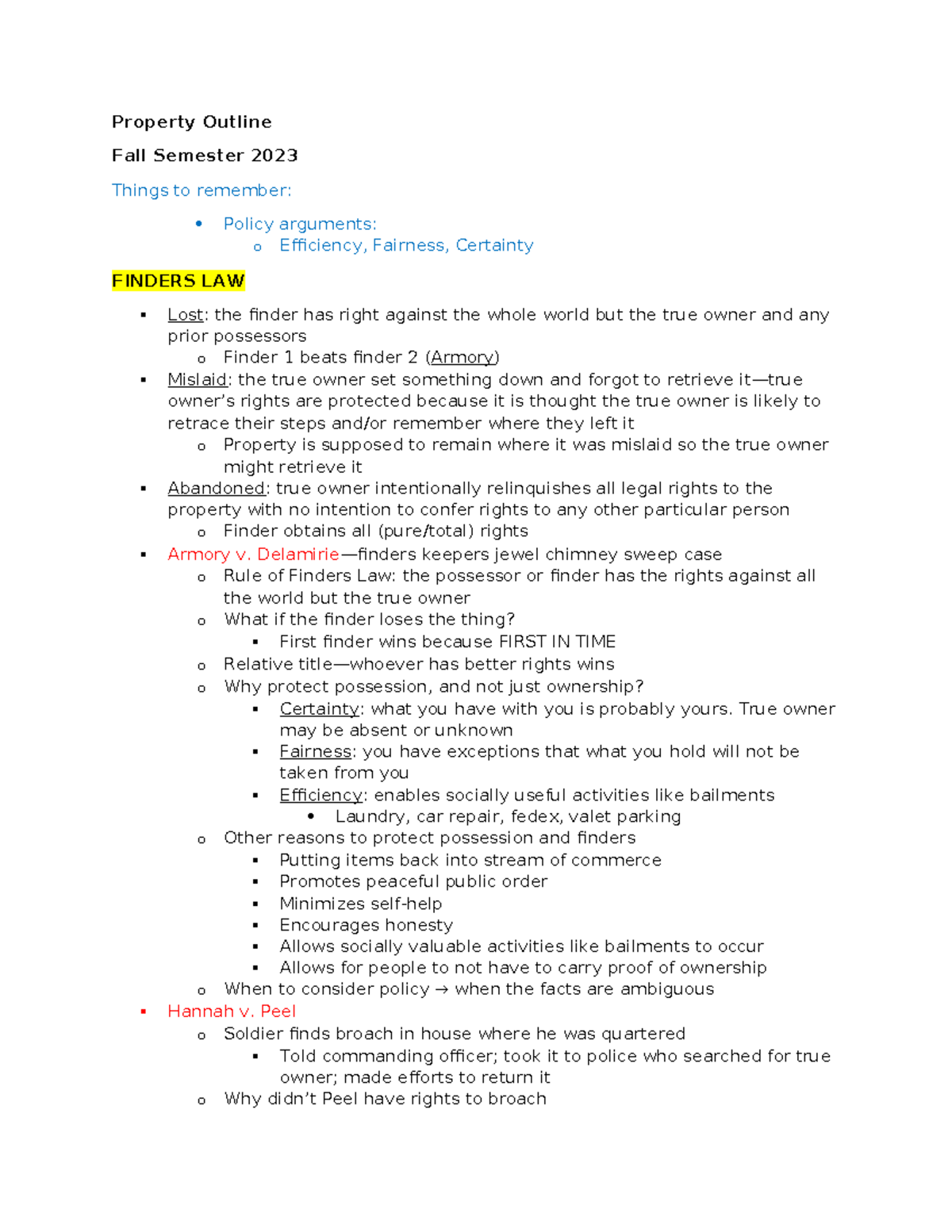 Property Outline for LAW 101: Key Concepts and Policy Arguments - Studocu