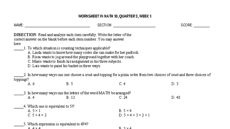 Math 10 Worksheet: Quarter 3, Week 1 - Counting Techniques - Studocu