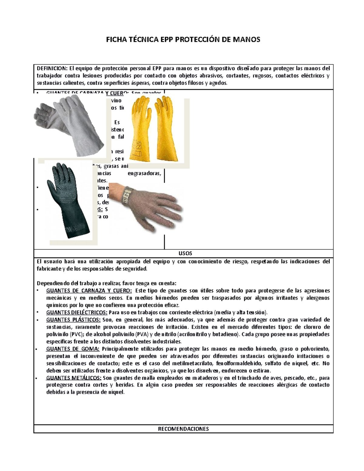 Ficha Técnica EPP Protección de Manos: Tipos y Recomendaciones - Studocu