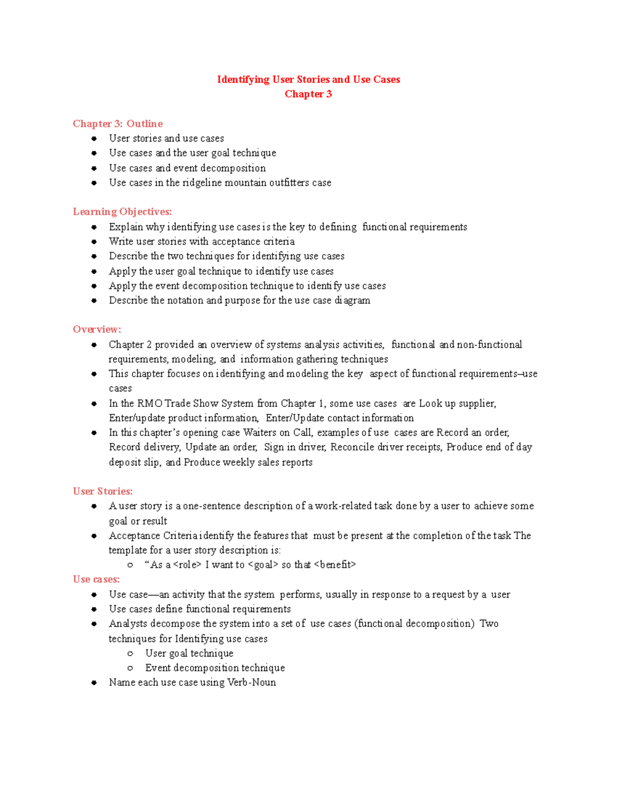 ITM 305 Chapter 3 - Identifying User Stories and Use Cases Chapter 3 ...