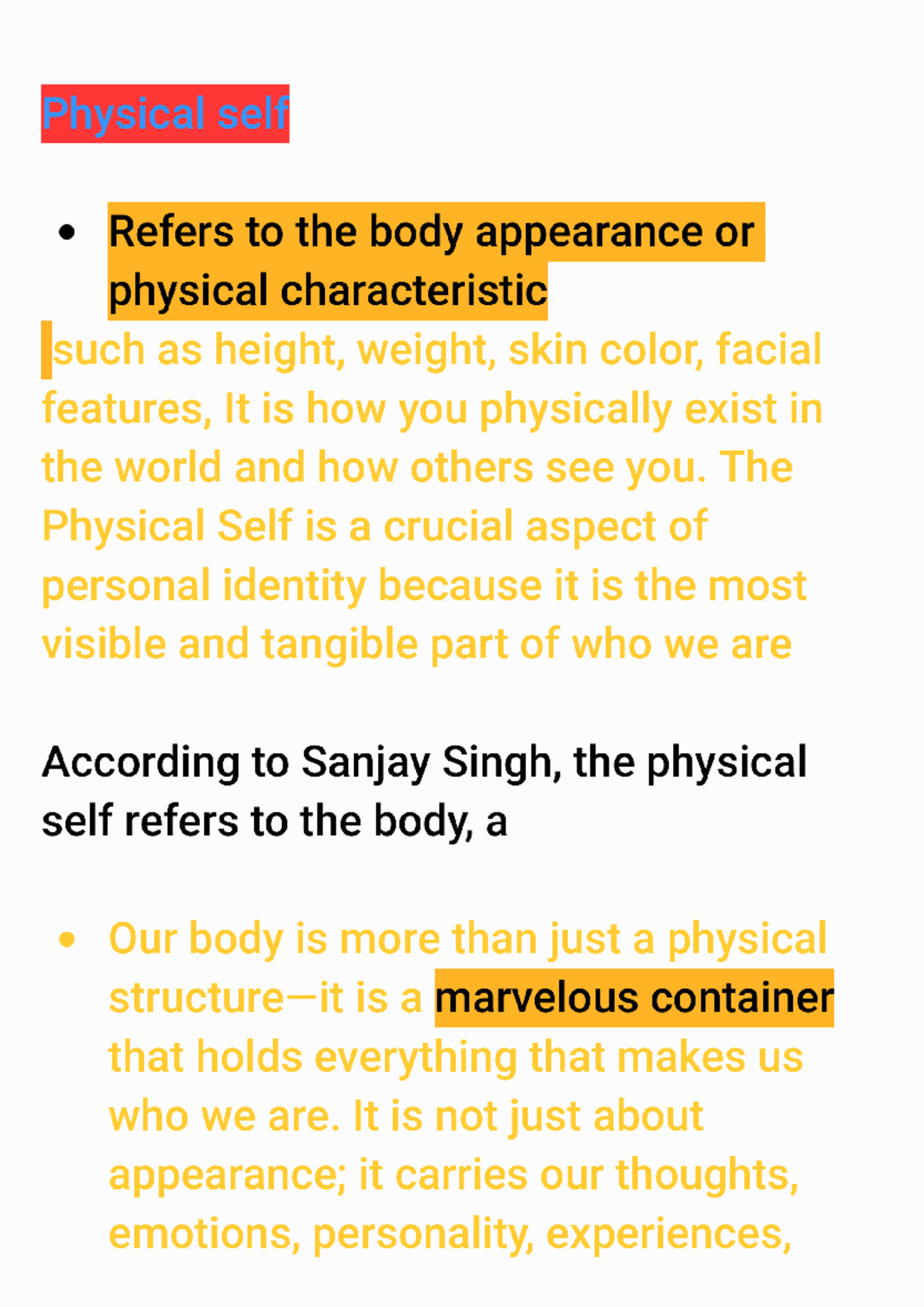 Physical SELF Script - Physical self Refers to the body appearance or ...