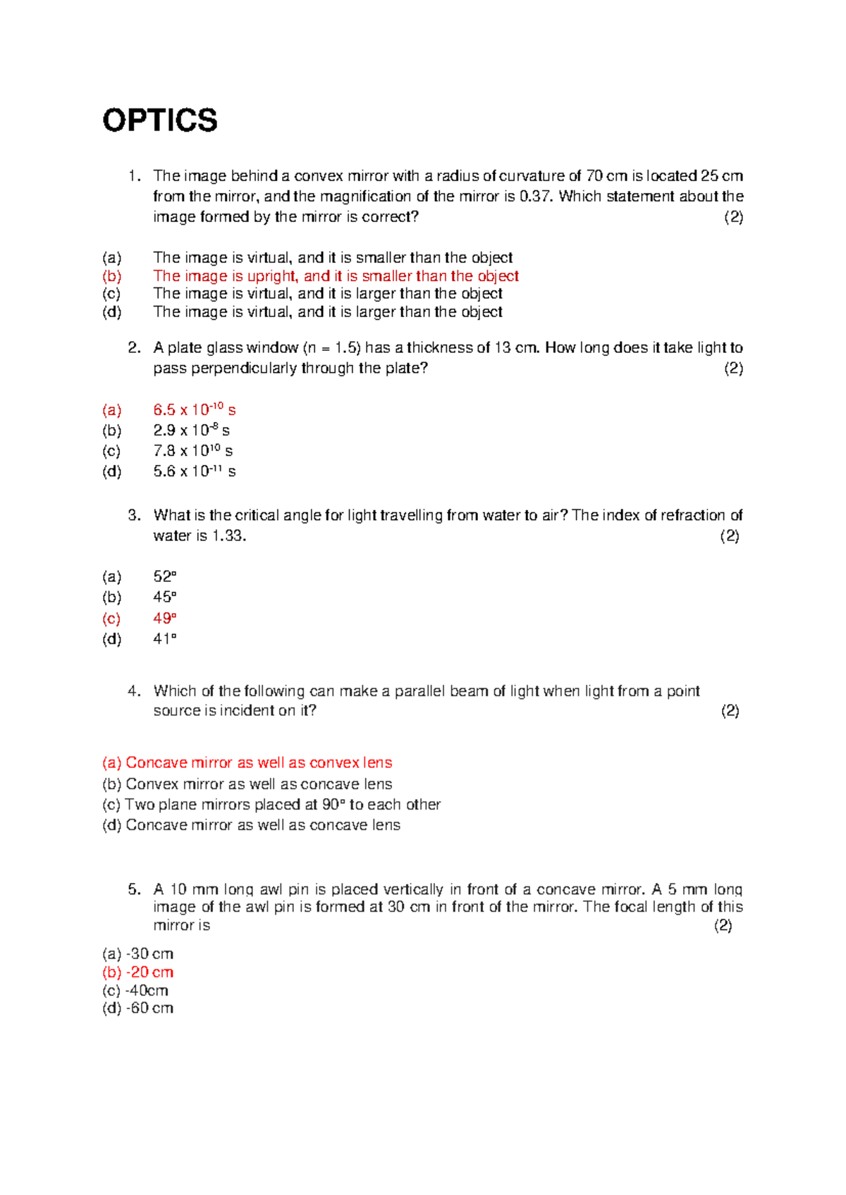 OPTICS 1: Practice Questions with Memo on Image Formation and Light ...