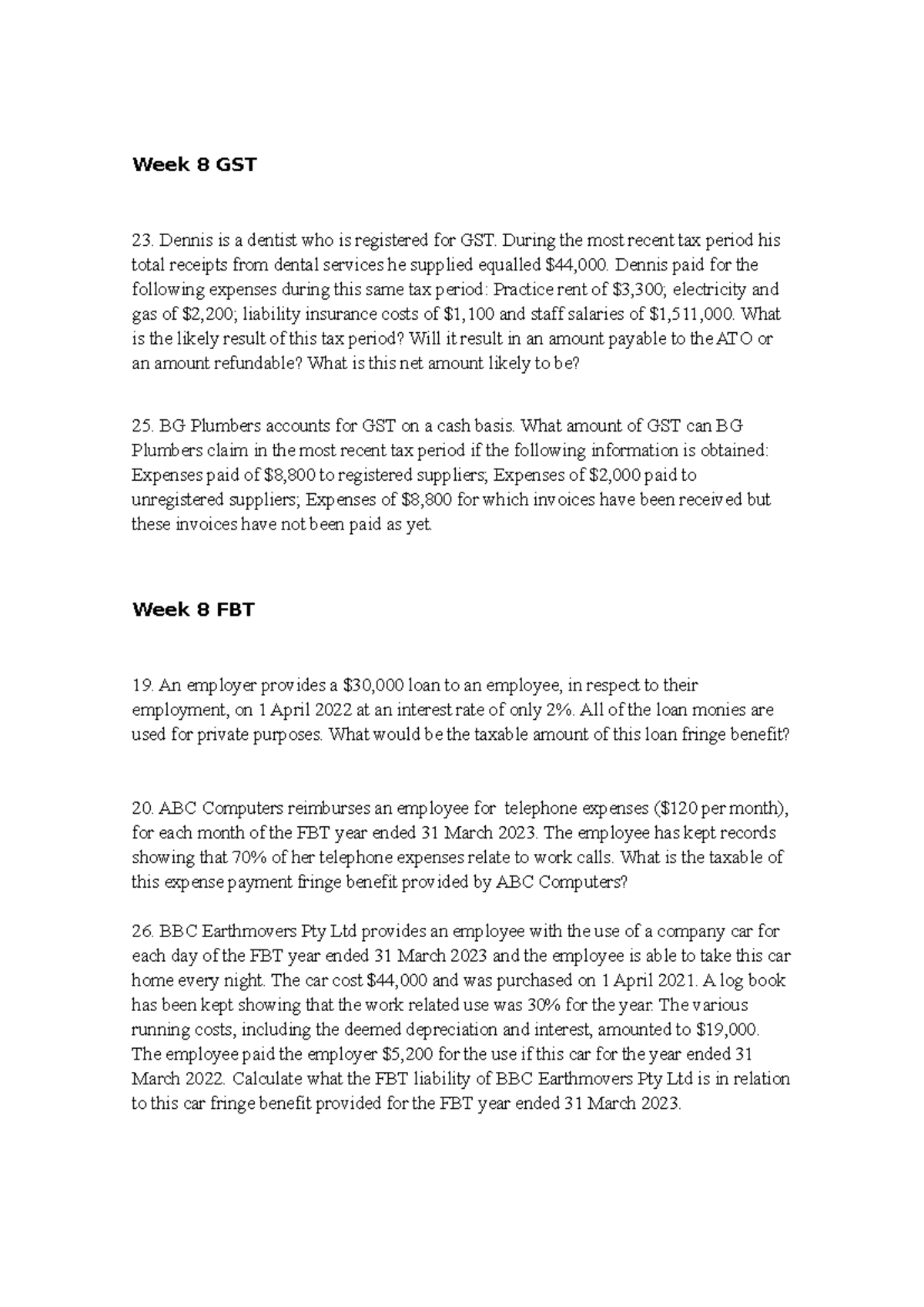 Week 8 GST & FBT Homework Questions - Studocu