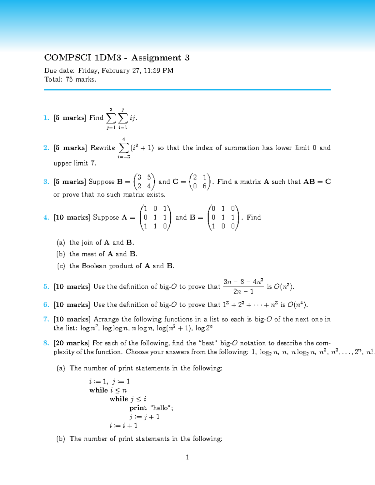 COMPSCI 1DM3 Assignment 3: Problem Set and Solutions - Studocu