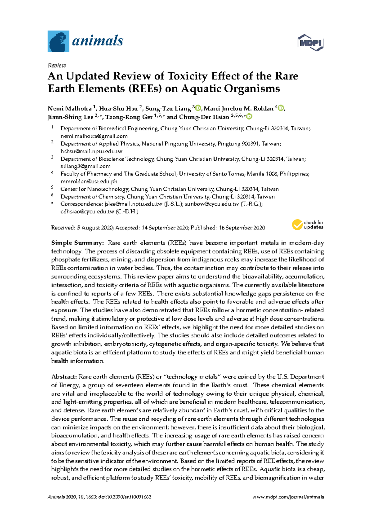 Updated Review of REEs Toxicity on Aquatic Organisms (Animals 2020 ...