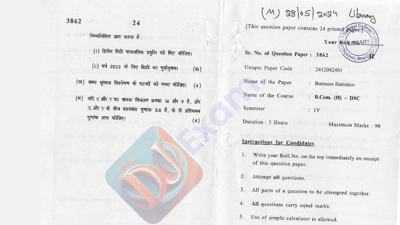 Business Statistics Paper 3862 - Exam 2024 - Studocu