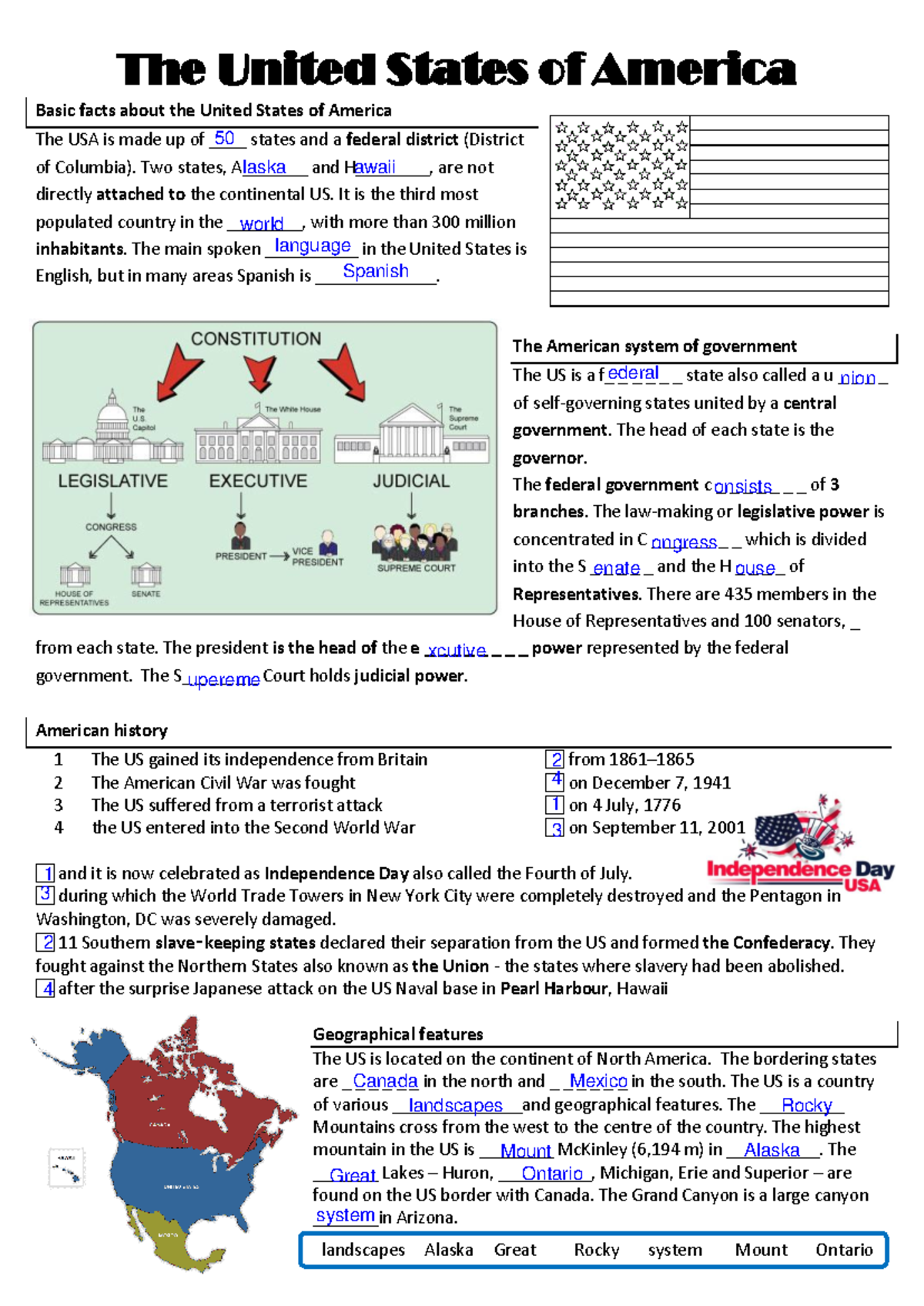 USA Quiz STS' - Đất nước học Anh-Mỹ - Basic facts about the United ...