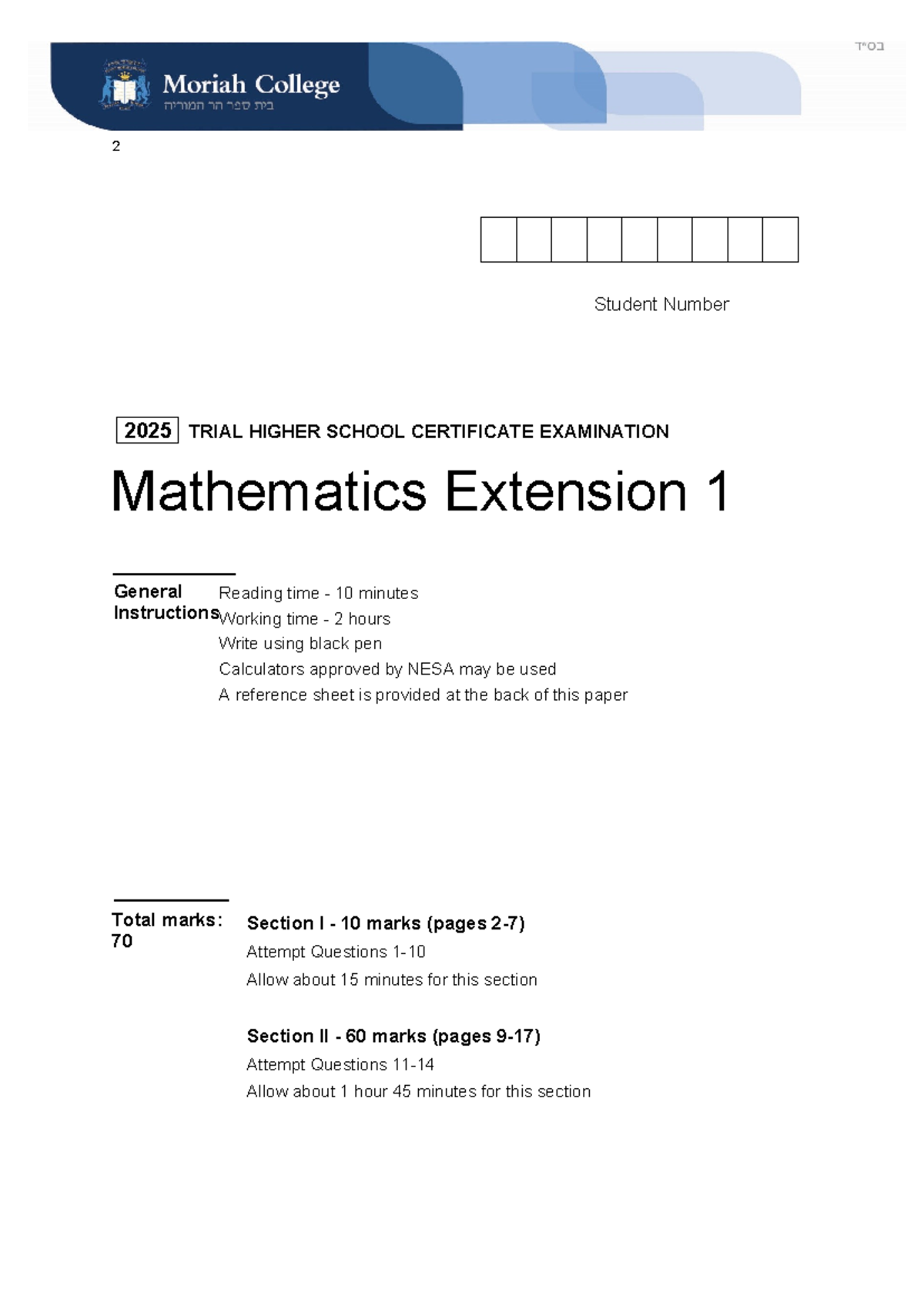 Moriah Extension 1 2025 Year 12 Trial Mathematics Exam - Studocu