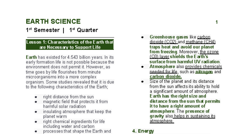 Earth Science 1st Sem Lesson 1: Earth's Life-Supporting Features - Studocu