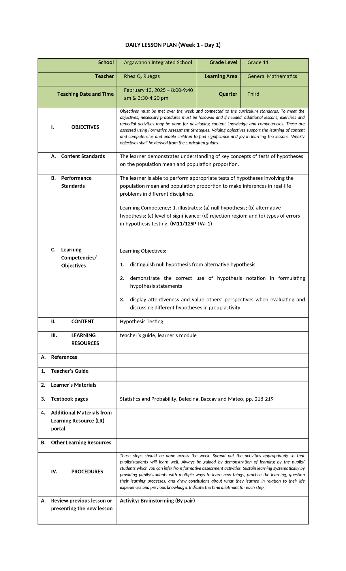 Grade 11 General Math: Daily Lesson Plan on Hypothesis Testing (Q4 W1 ...