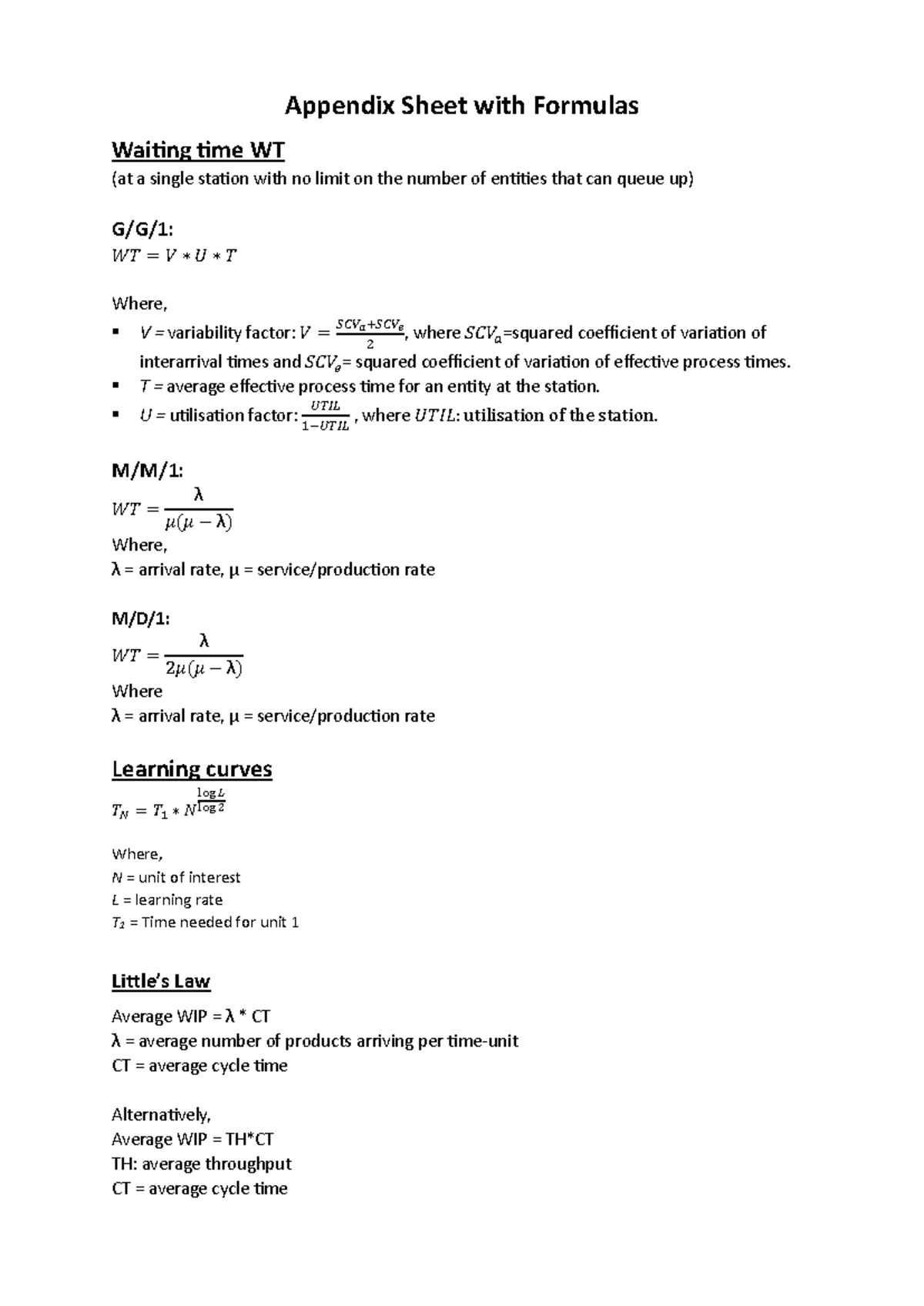 Appendix of Key Formulas for G/G/1, M/M/1, M/D/1 Systems - Studeersnel