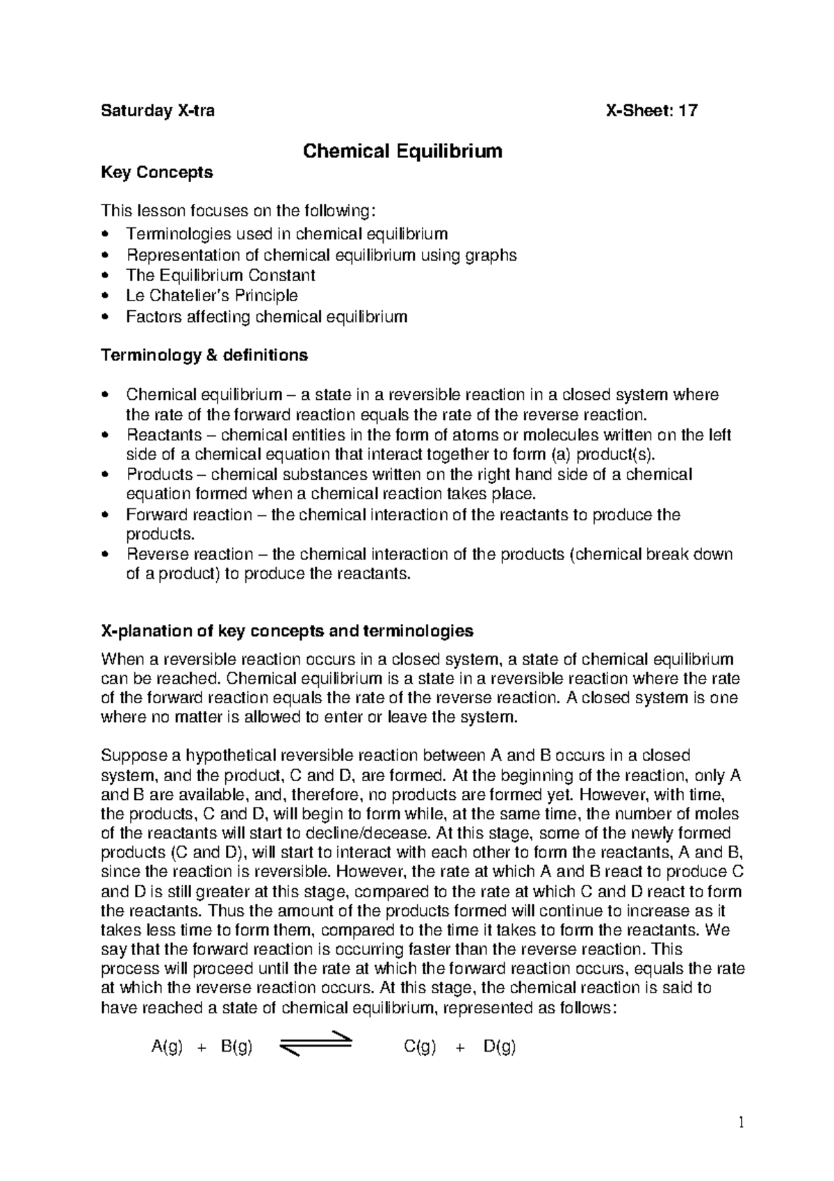 Chemical Equilibrium - Grade 12 PHYSICAL SCIENCES Study Notes - Studocu