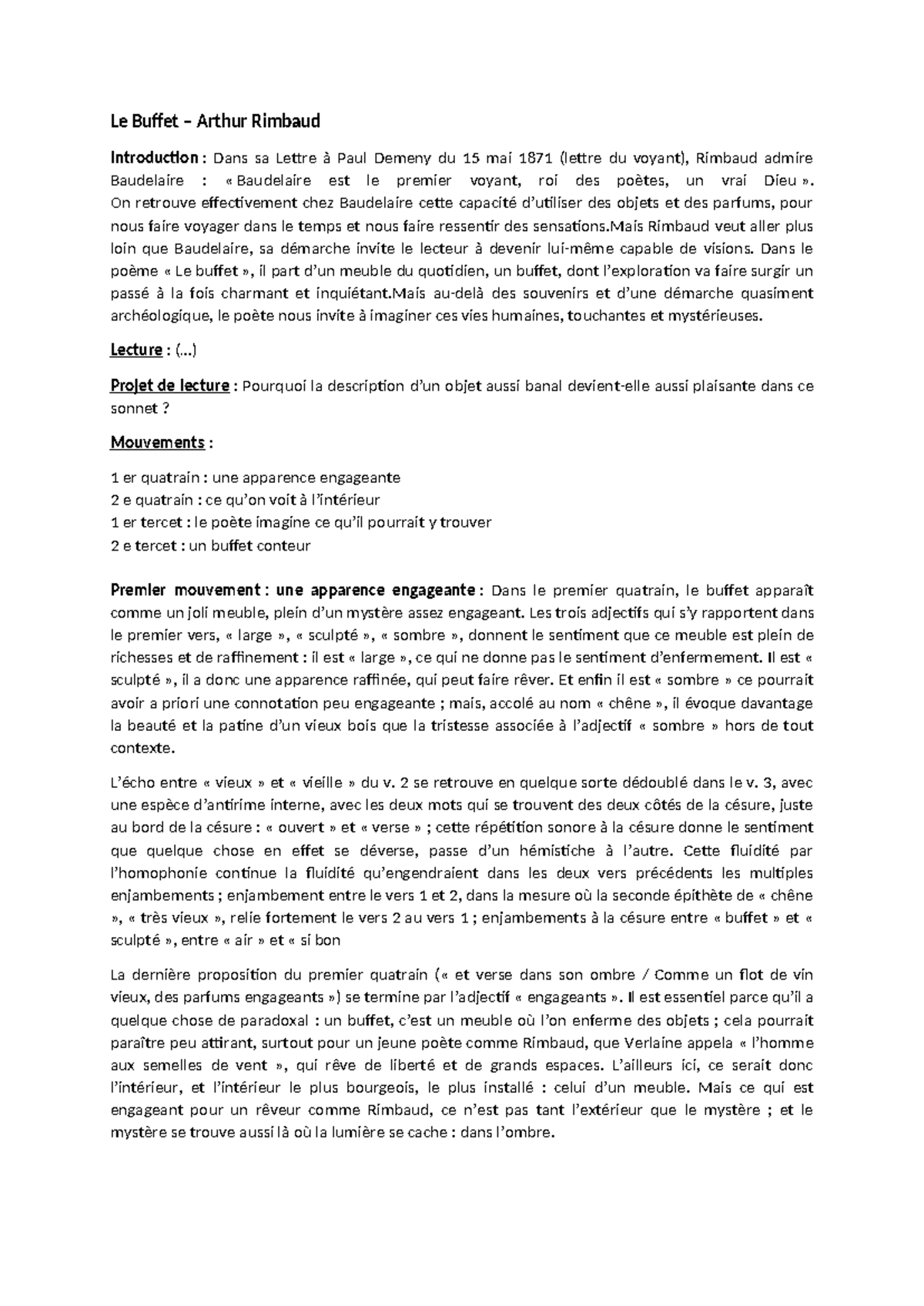 Analyse linéaire du poème "Le Buffet" d'Arthur Rimbaud - Studocu
