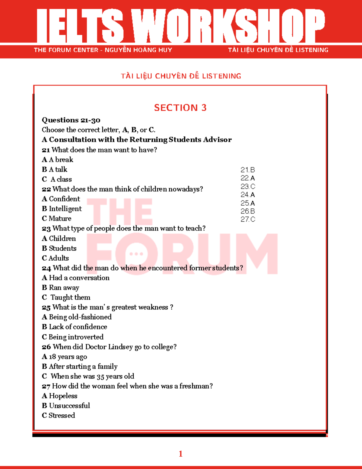 IELTS Listening Workshop: Section 3 & 4 Practice Material - Studocu