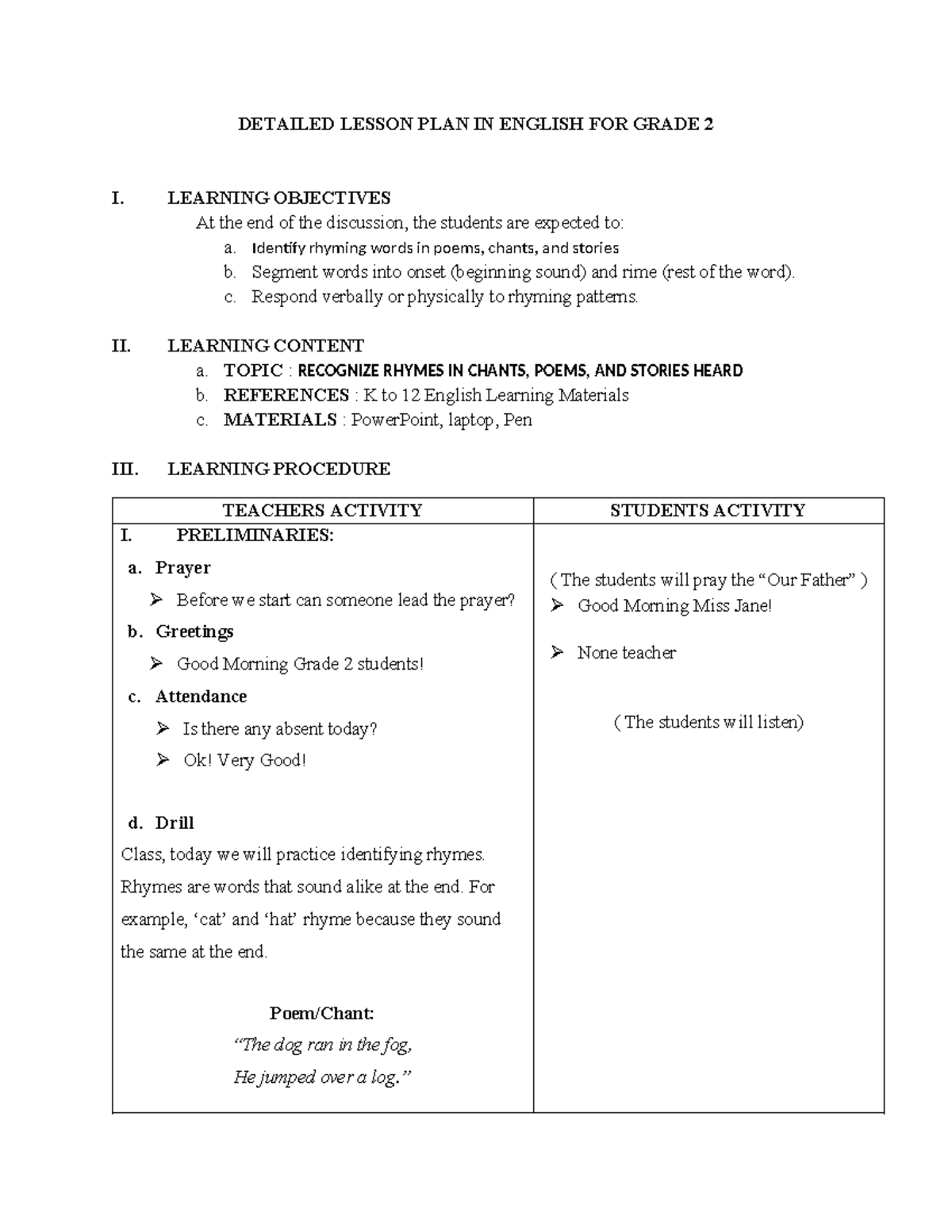 DLP 4AS PAT - Detailed Lesson Plan on Recognizing Rhymes for Grade 2 ...