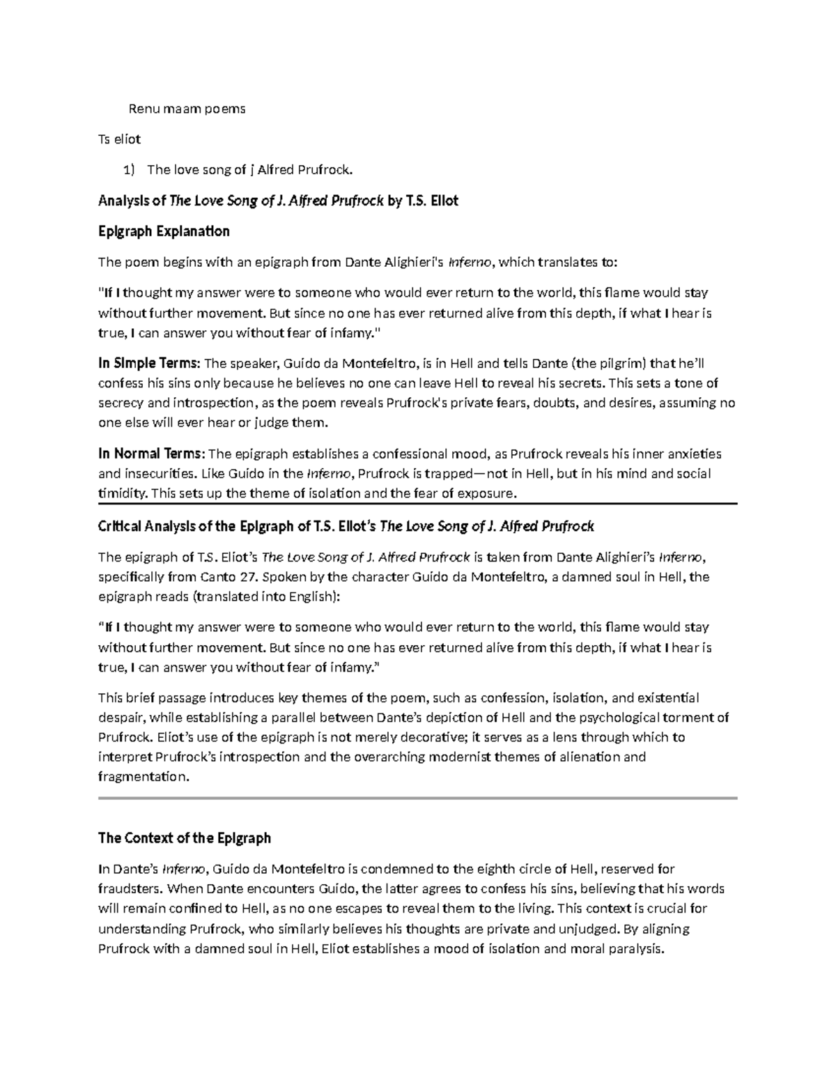 TS Eliot SEM5 - Renu maam poems Ts eliot The love song of j Alfred ...