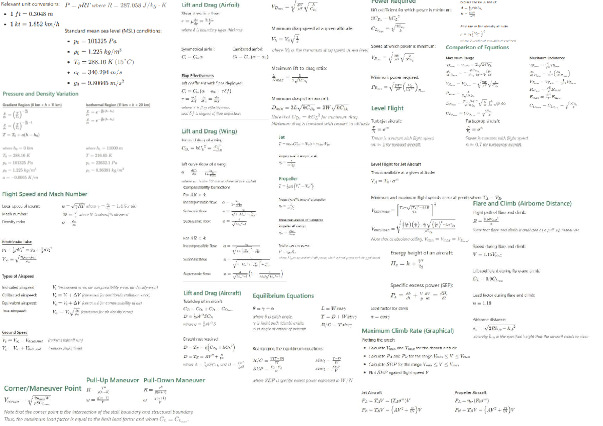 Cheatsheet for Flight Performance: Power, Lift, and Drag Analysis - Studocu