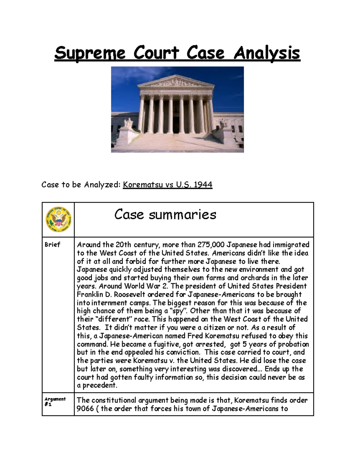 Supreme Court Case Analysis: Korematsu v. U.S. 1944 Overview - Studocu