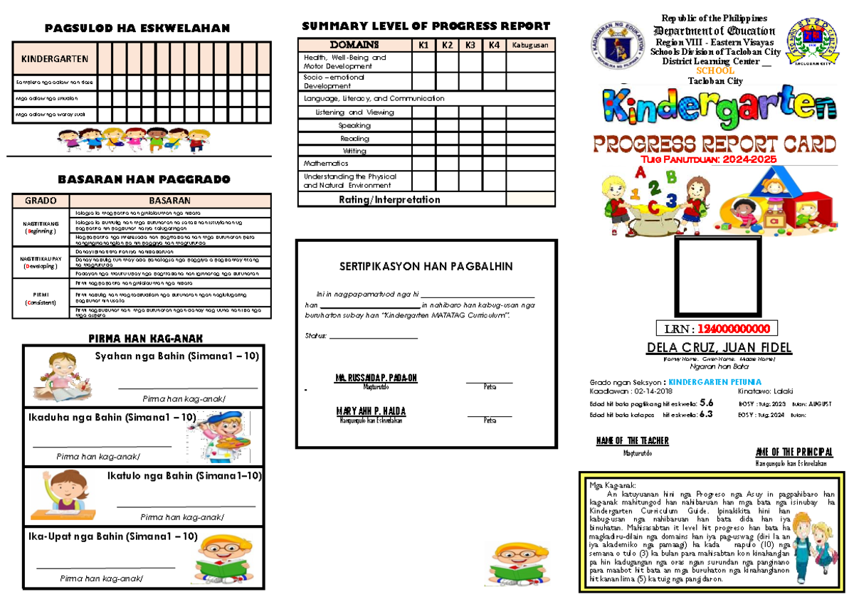 Progress Report Card SY 2024-2025: Kindergarten Domains K1 K2 K3 K4 ...