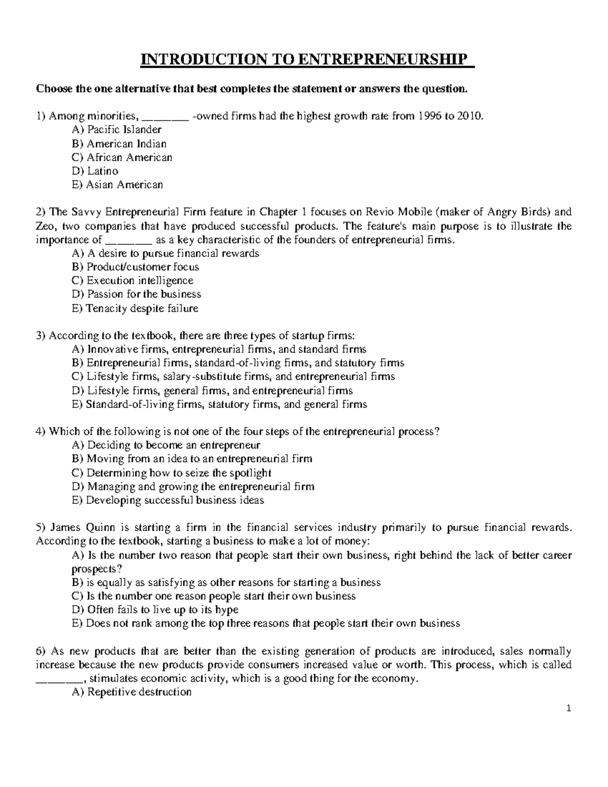 Chapter 1: Introduction to Entrepreneurship - Key Concepts and Quiz ...