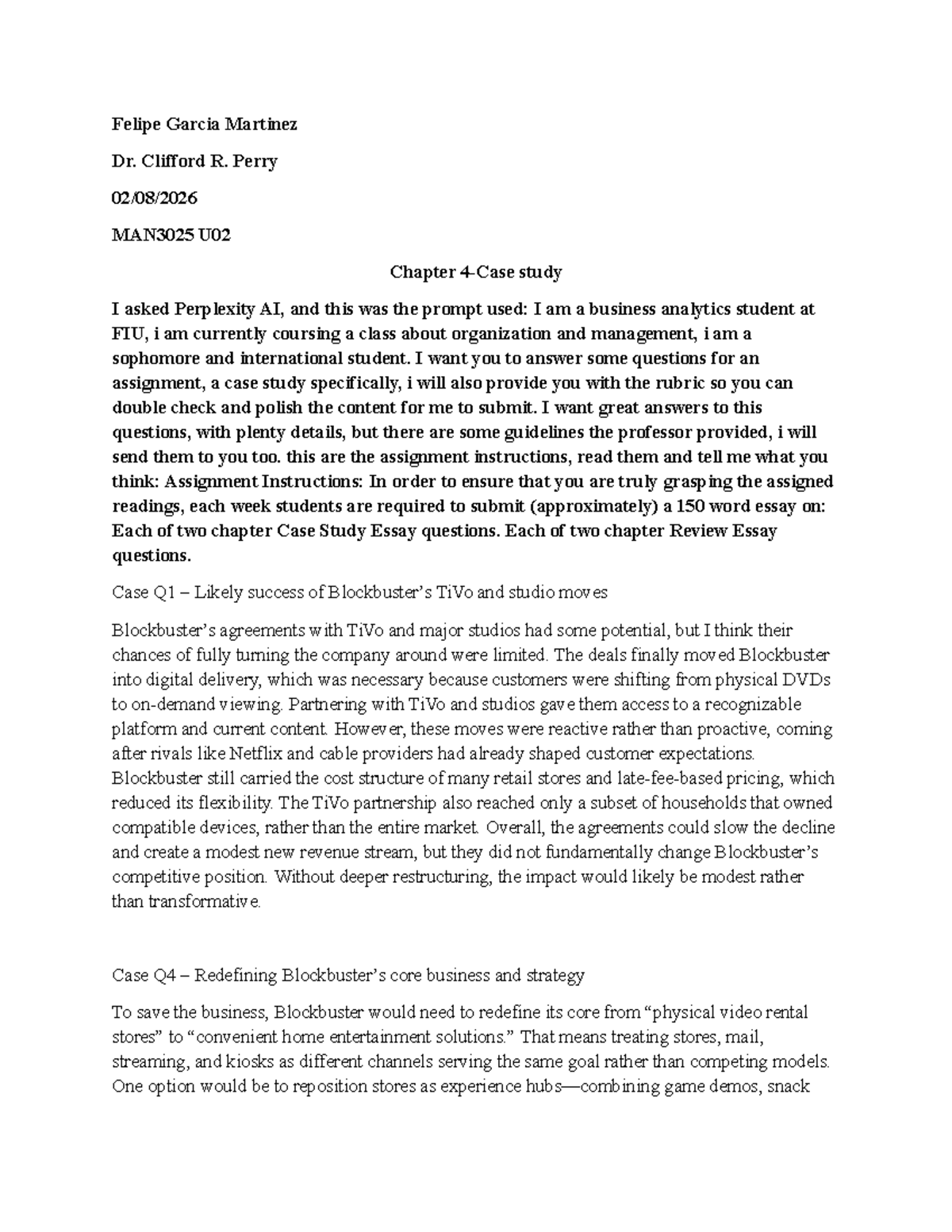 MAN3025 U02 Chapter 4 Case Study Analysis on Blockbuster Strategies ...