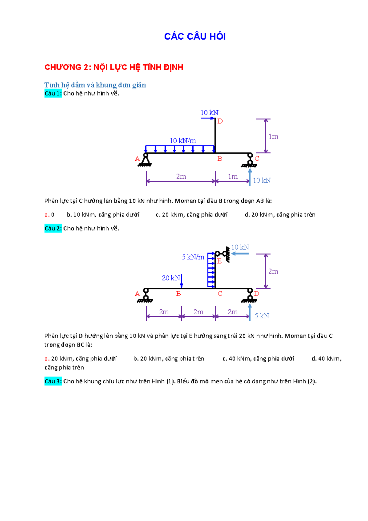 Quiz 240927 - dgsdg - CÁC CÂU HỎI CHƯƠNG 2: NỘI LỰC HỆ TĨNH ĐỊNH Tính ...