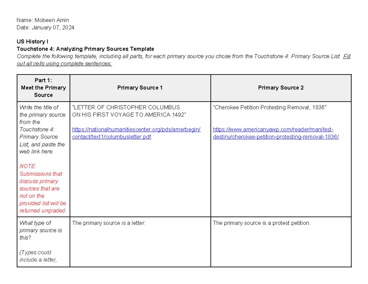 Touchstone 4: Primary Sources Analysis for US History I Assign. - Studocu