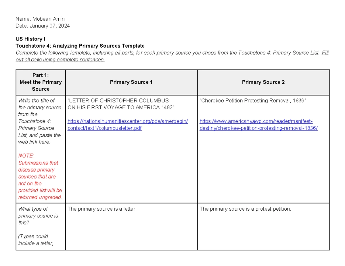 Touchstone 4: Primary Sources Analysis for US History I Assign. - Studocu