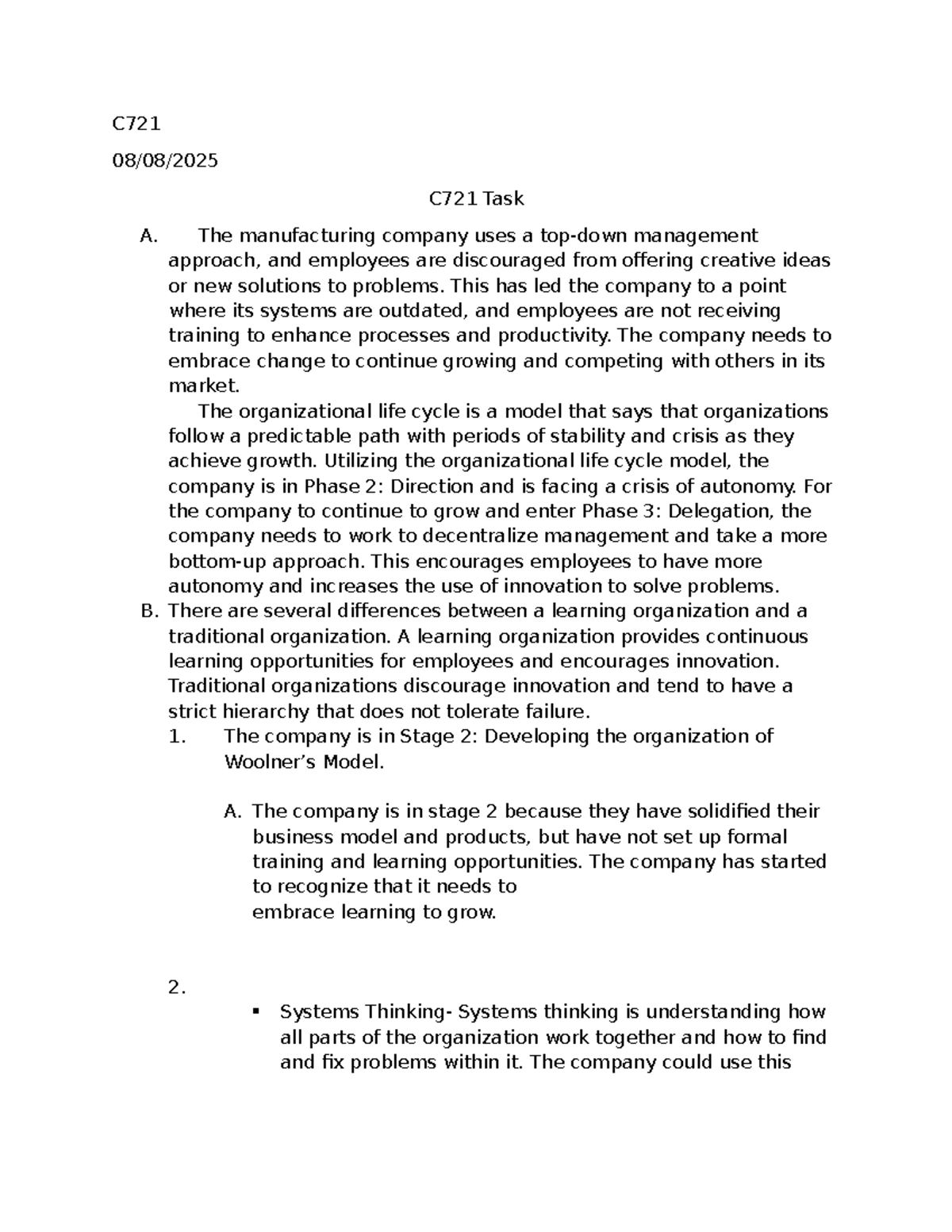 C721 Task A - Embracing Change for Organizational Growth - Studocu