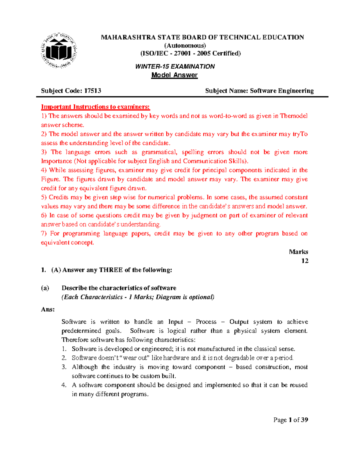 17513 Software Engineering Model Answer Paper - Winter 2015 - Studocu