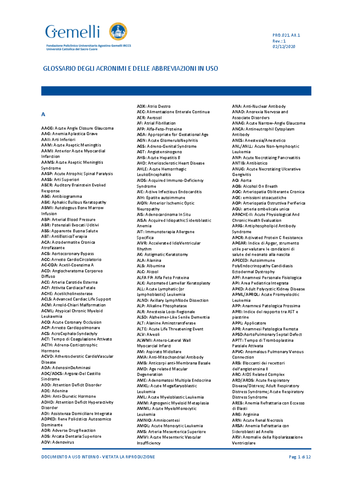 Glossario degli Acronimi e Abbreviazioni Mediche - CORSO MED.01 - Studocu