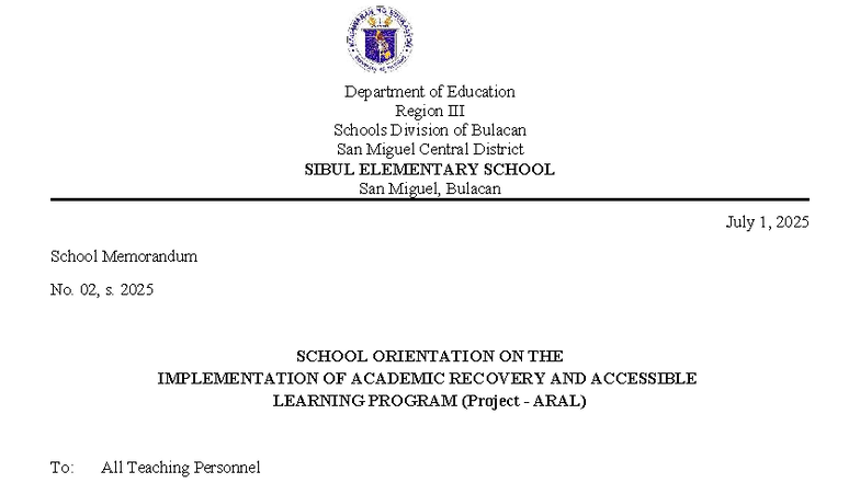 School Memo No. 02, s. 2025: Orientation for Project ARAL ...