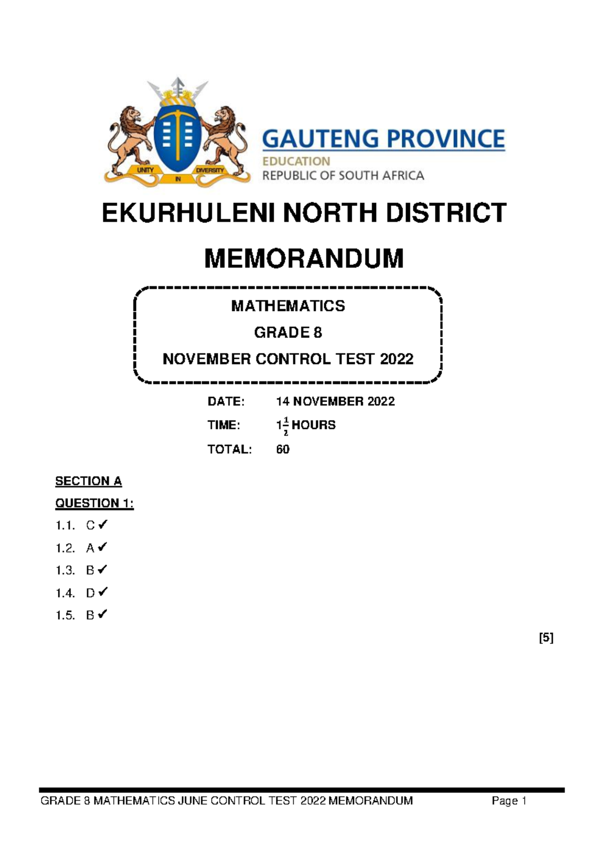 Grade 8 Mathematics NOV Control Test 2022 Memorandum - Studocu